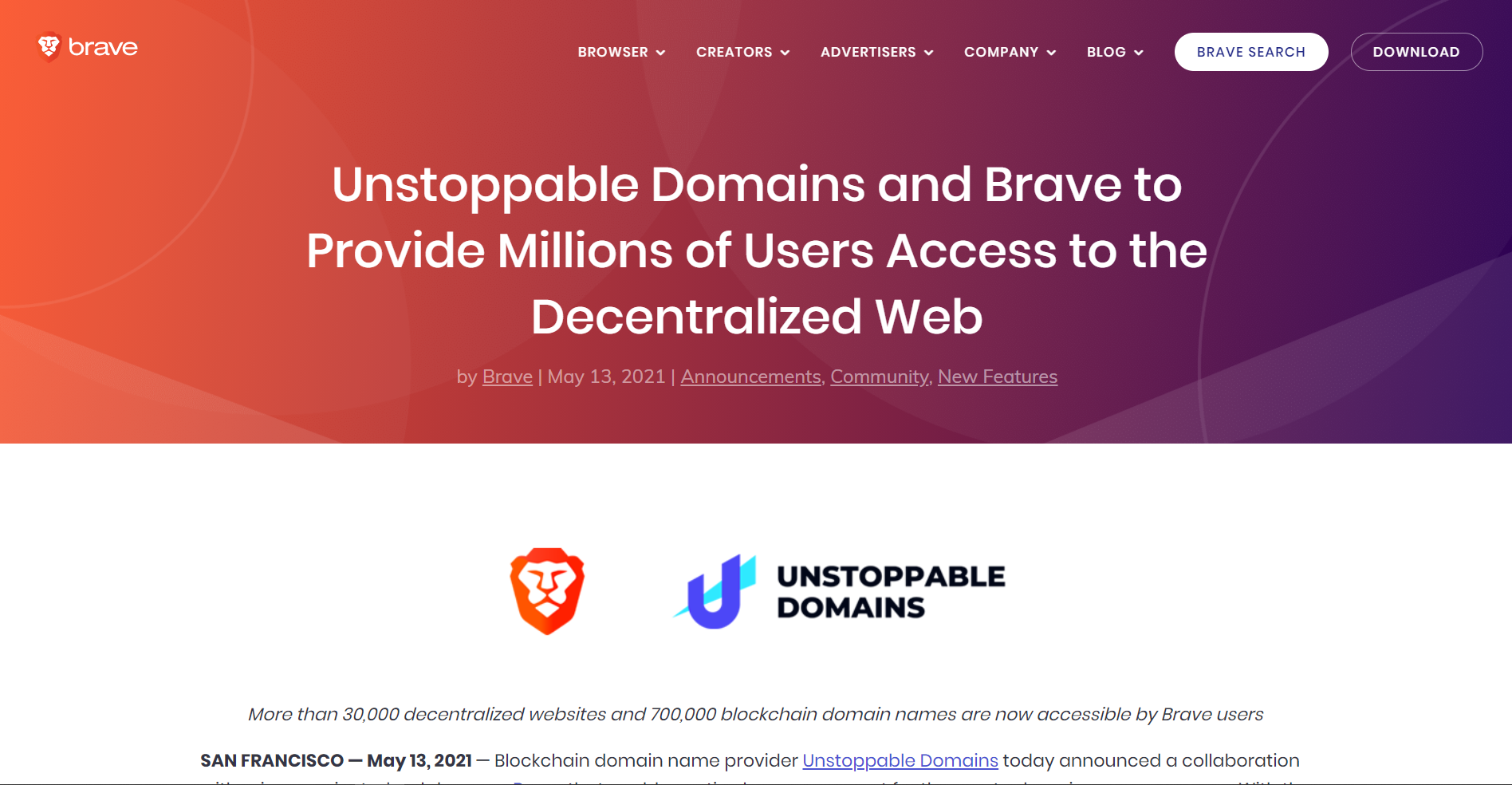 Brave瀏覽器已支援「區塊鏈域名訪問」功能，CTO : 用戶自決是去中心化網路的核心 | 動區動趨-最具影響力的區塊鏈新聞媒體